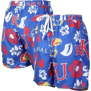 WES & WILLY Kansas Jayhawks Floral Volley Logo Swim Trunks - Royal