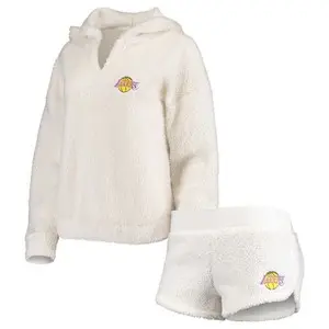 CONCEPTS SPORT Los Angeles Lakers Fluffy Long Sleeve Hoodie Top & Shorts Sleep Set - Cream