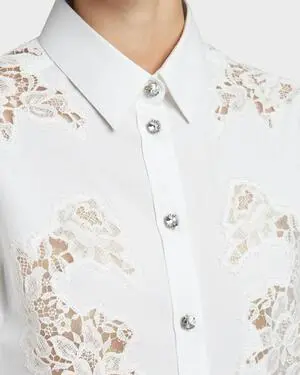 Dolce & Gabbana Lace Insert Poplin Shirt W/ Crystal Buttons - White