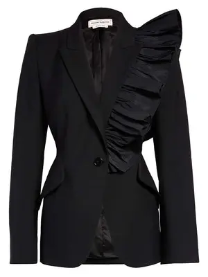 Alexander McQueen Ruffle-shoulder Single-breasted Blazer - Black