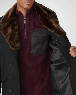 Karl Lagerfeld Paris Wool Pea Coat With Faux Fur Collar - Brn/blk