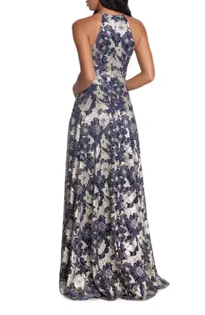 Betsy & Adam Metallic Floral Halter A-line Gown