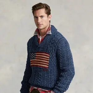 Ralph Lauren Aran-Knit Flag Sweater Blue Marl