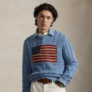Ralph Lauren Aran-knit Flag Sweater - Light Blue Combo