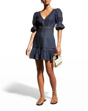Cinq À Sept Natasha Puff-sleeve Mini Denim Dress - Indigo