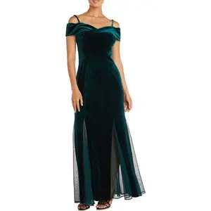 NIGHTWAY Cold Shoulder Stretch Velvet Gown - Hunter