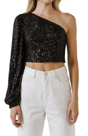Endless Rose Sequined One-shoulder Crop Top