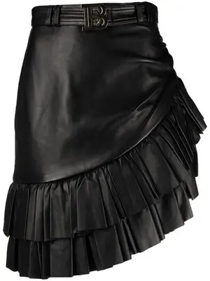 Balmain Short Asymmetric Ruffled Leather Skirt