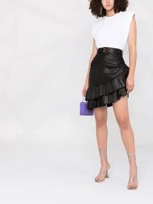 Balmain Short Asymmetric Ruffled Leather Skirt