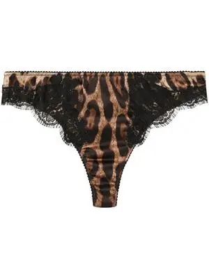 Dolce & Gabbana Leopard-print Lace-trim Thong - Brown