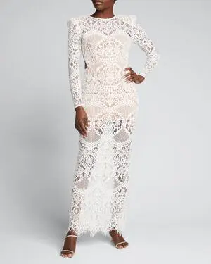 BRONX AND BRONCO Allegra Long-Sleeve Lace Sheath Gown - White