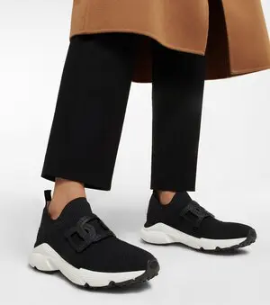 TOD'S Leather-trimmed Knit Sneakers - Black