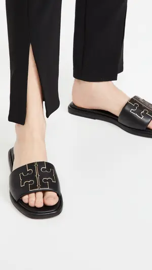 Tory Burch Double T Sport Slides - Perfect Black/gold