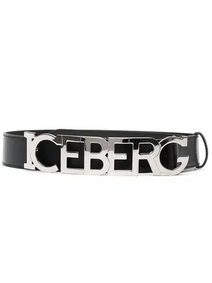 Iceberg Logo Letter Leather Belt - Black
