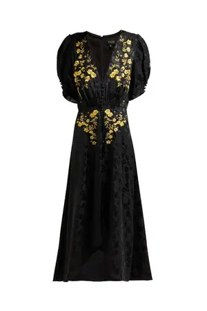 Saloni Lea Long Dress In Black Gold Flowers - Black