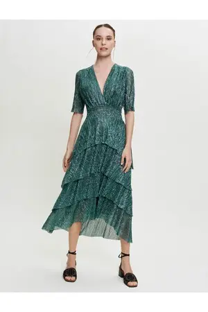 Maje Stretch Lurex Fabric Dress With Ruffles Green
