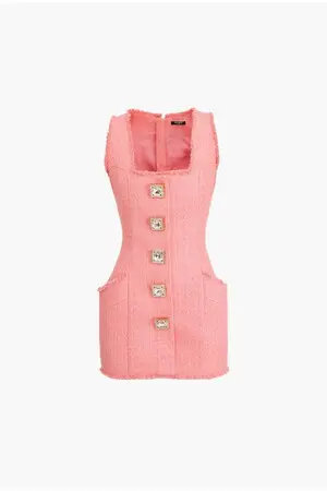 Balmain Short Pink Tweed Dress With Square Buttons - Pink