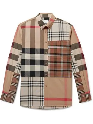 Burberry Button-Down Collar Patchwork Checked Cotton-Poplin Shirt - Brown |  Editorialist
