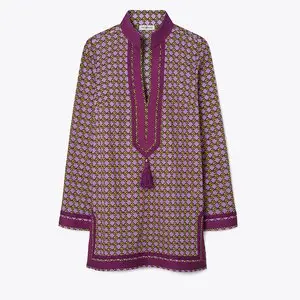 Tory Burch Tory Burch Printed Cotton Voile Tunic With Tassel Detail 3d Checkered Logo Lilac