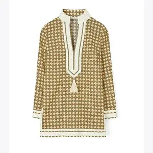 Tory Burch Tory Burch Printed Cotton Voile Tunic With Tassel Detail 3d Checkered Logo Lime