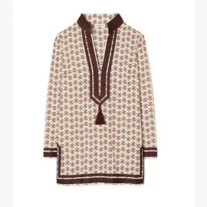 Tory Burch Tory Burch Printed Cotton Voile Tunic With Tassel Detail Curly Ditsy Logo