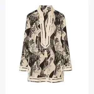 Tory Burch Tory Burch Printed Cotton Voile Tunic With Tassel Detail French Cream Muse