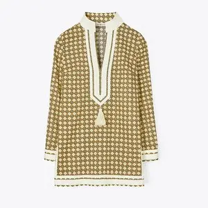 Tory Burch Tory Burch Printed Cotton Voile Tunic With Tassel Detail Lilac