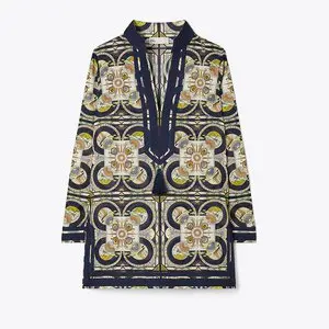 Tory Burch Tory Burch Printed Cotton Voile Tunic With Tassel Detail Sand