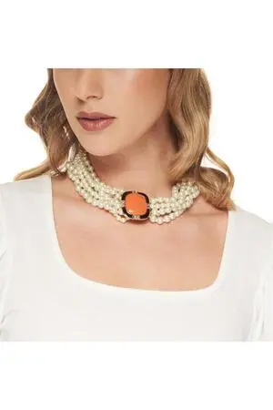 KENNETH JAY LANE Kenneth Jay Lane Vintage Pearl Necklace With Coral Center Clasp - Coral