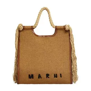 Marni Marcel Summer Bag In Leather And Raffia Rawsienna
