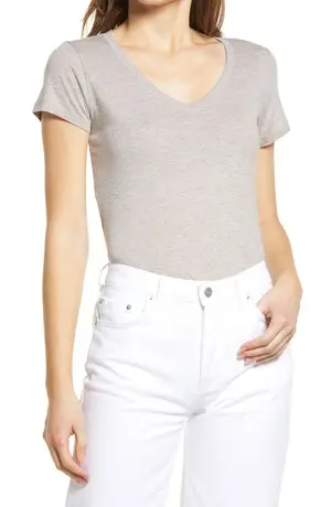 Nordstrom Women's Nordstrom Everyday V-Neck T-Shirt Tan Cobblestone Heather