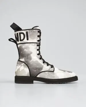 Fendi Printed Canvas Logo Combat Boots - White Pattern