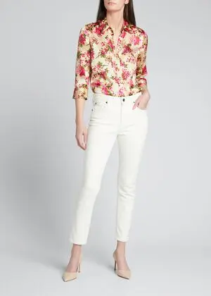 L'Agence Dani 3/4-sleeve Silk Blouse Fuchsiatan Bouque