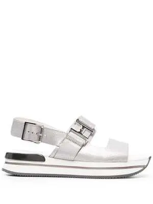 Hogan Silver-tone Leather Platform Sandals