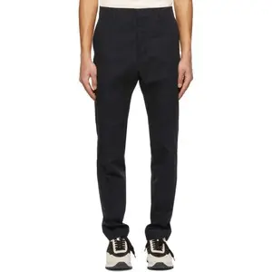 ami cigarette fit trousers Paris Navy stretch twill Pleats at front Embroidered logo at back Rolled cuffs Hidden button with hook Ami Alexandre Mattiussi Cigarette Fit