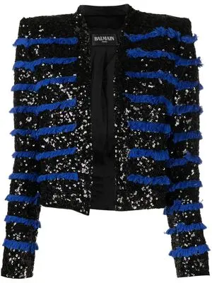 Balmain Sequin Embellished Fringed Jacket - Black