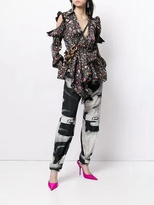 Off-White Floral Print Ruffle Blouse