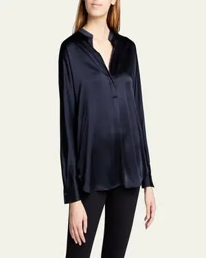 Vince Silk Band-collar Blouse - Blue