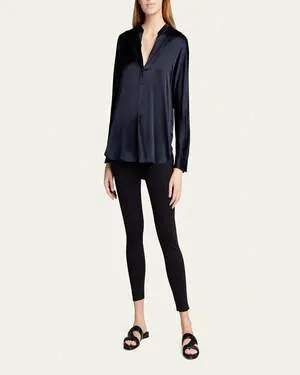 Vince Silk Band-collar Blouse - Blue