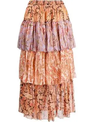 Zimmermann Paisley-print Tiered Midi Skirt Orange