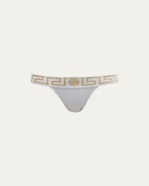 Versace Greca-border Stretch Cotton Thong - Bianco Ottico