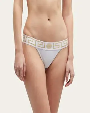 Versace Greca-border Stretch Cotton Thong - Bianco Ottico