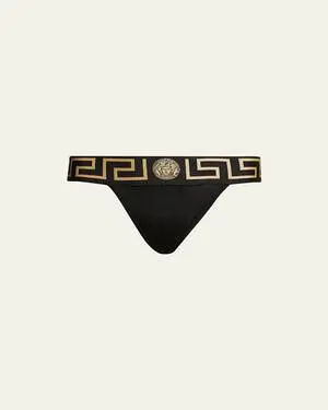 Versace Greca-border Stretch Cotton Thong Black