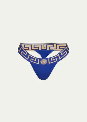 Versace Greca-border Stretch Cotton Thong Blue