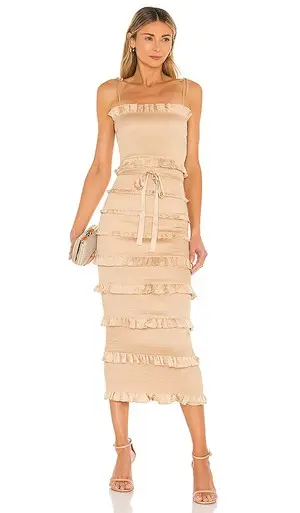 V. CHAPMAN Lily Strappy Ruffled Midi Dress - Warm Sand
