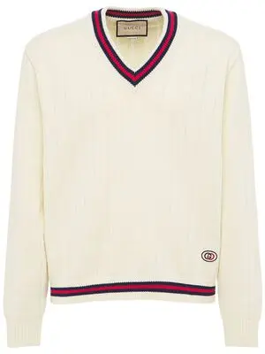 Gucci Cotton Knit V Neck Sweater W/ Web - Ivory