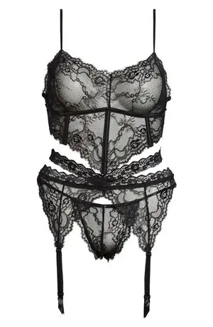 Coquette Lace Bra, Garter Belt & G-String Thong Set - Black | Editorialist