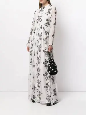 MACGRAW Rose Print Long Dress With Ruffle Trim