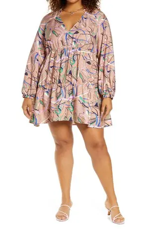 Open Edit Long Sleeve Tiered Babydoll Dress - Brown | Editorialist