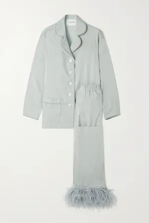 Sleeper Net Sustain Feather-trimmed Crepe De Chine Pajama Set